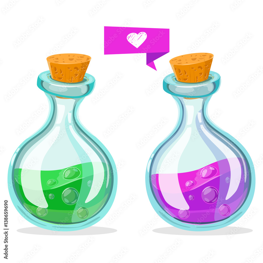 Set of Cartoon Potion Bottle. Glass flasks with colorful liquids ...