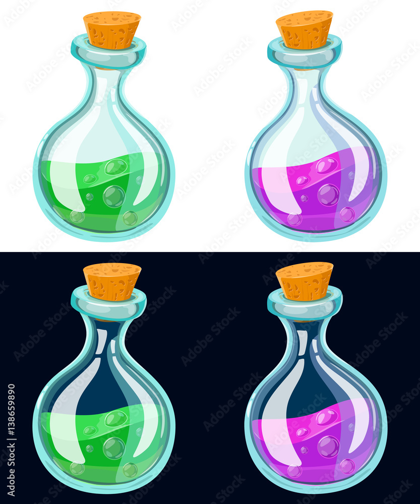 Set of Cartoon Potion Bottle. Glass flasks with colorful liquids isolated on background. Game ...
