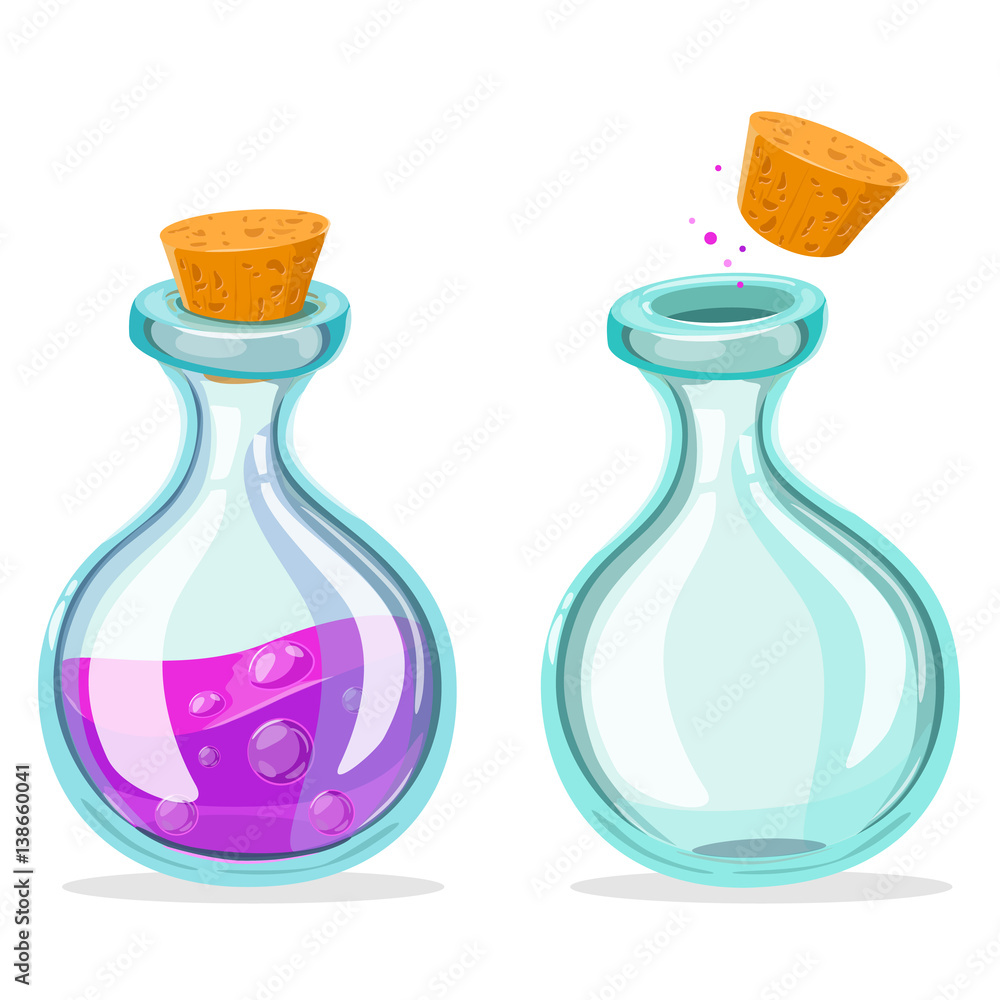 Set of Cartoon Potion Bottle. Glass flasks with colorful liquids ...