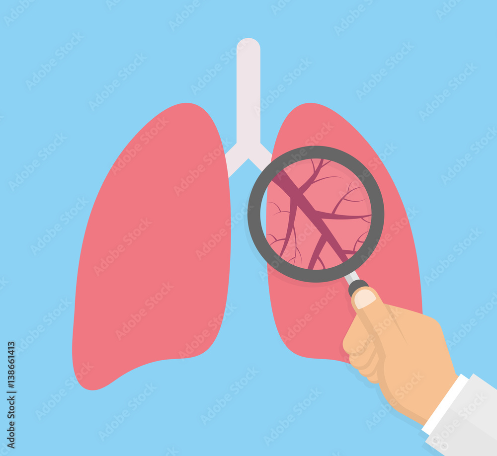 Lung inspection concept. Hand inspecting lungs with a magnifying glass ...