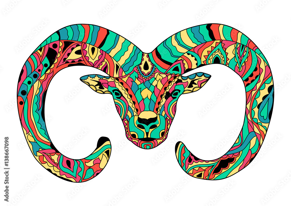 Line art hand drawing black ram isolated on white background painted ...