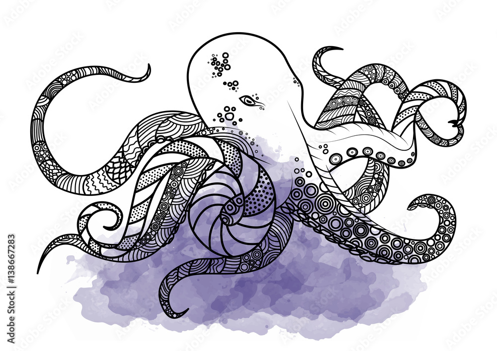 Line art hand drawing black octopus isolated on white background with ...