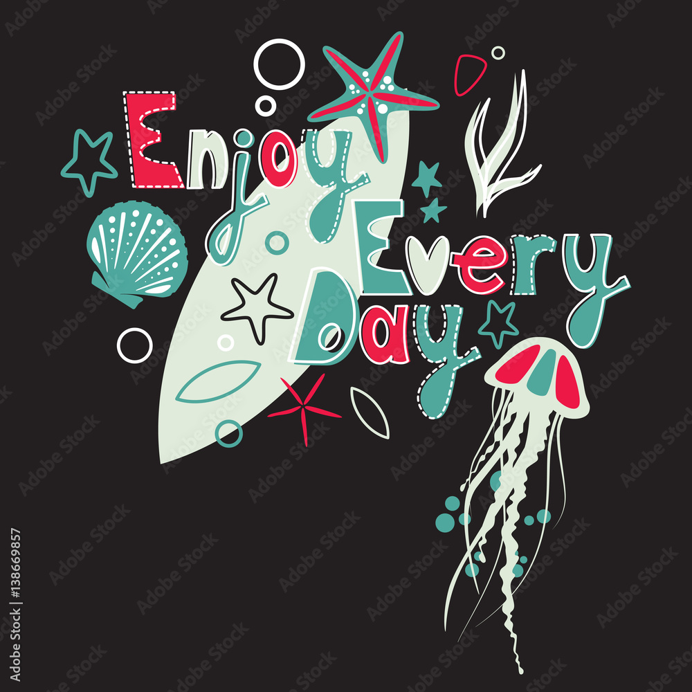 Lettering vector sea underwater theme with jellyfish and plants, Enjoy ...