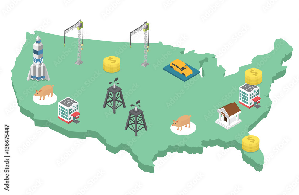 Economy of USA vector illustration. USA map with industry and business ...