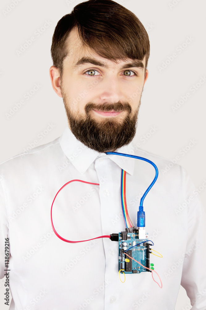 Virtual organs concept. Microcontrollers and chips connected to the ...