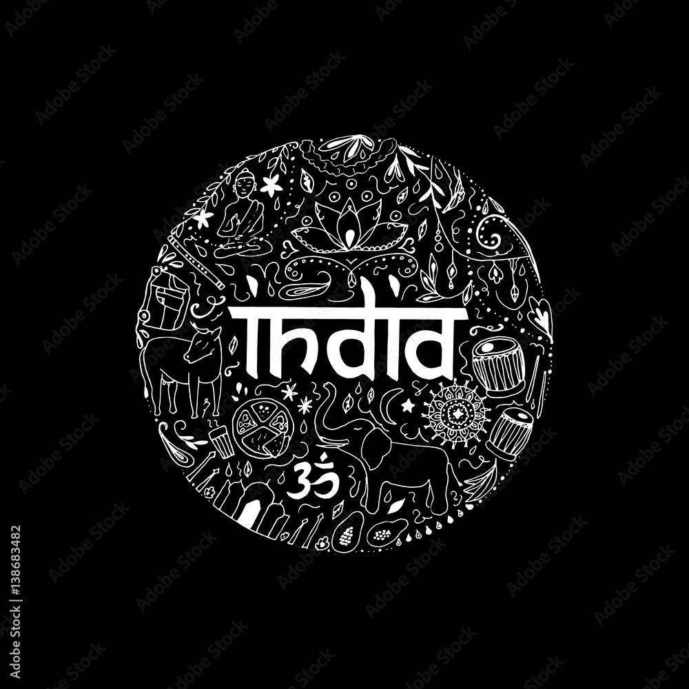 Symbols of India in the form of circle. Hand drawing elements of India ...