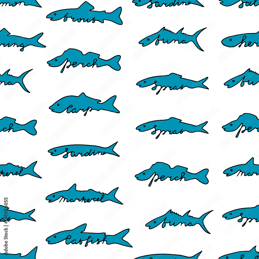 Hand drawn fish species with lettering. Tuna, salmon, herring, catfish ...