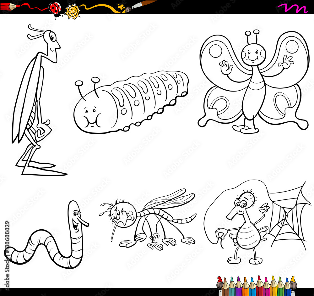 insect characters coloring page Stock Vector | Adobe Stock