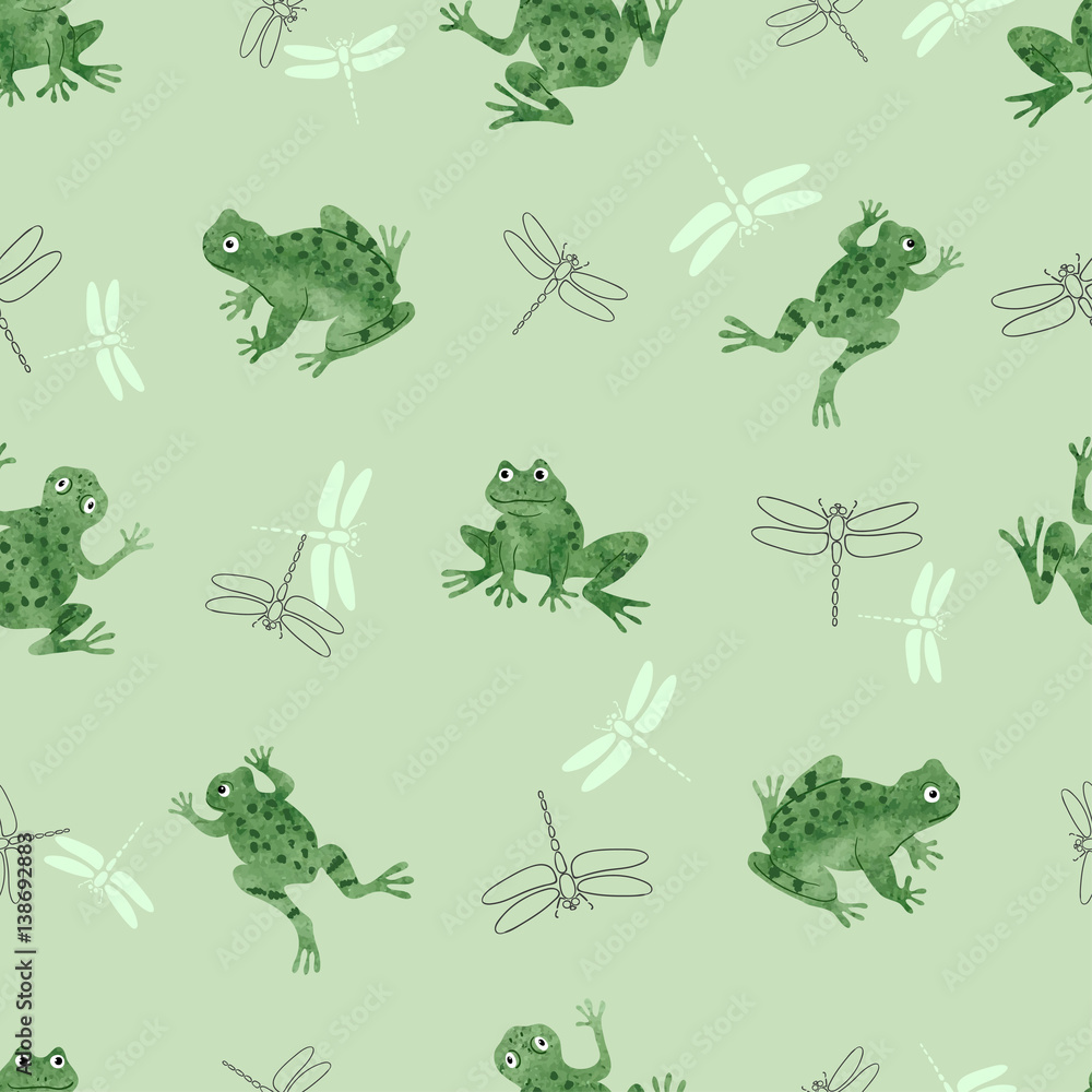 Seamless watercolor frogs pattern. Vector background with green frogs ...