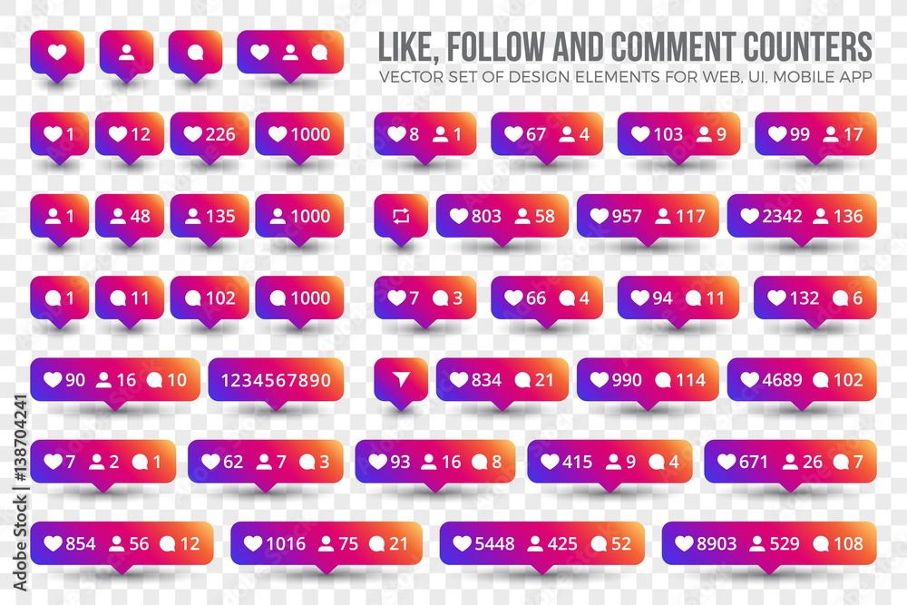 Set Vector 3D Counter Icons Like, Follow, Comment on Transparent ...