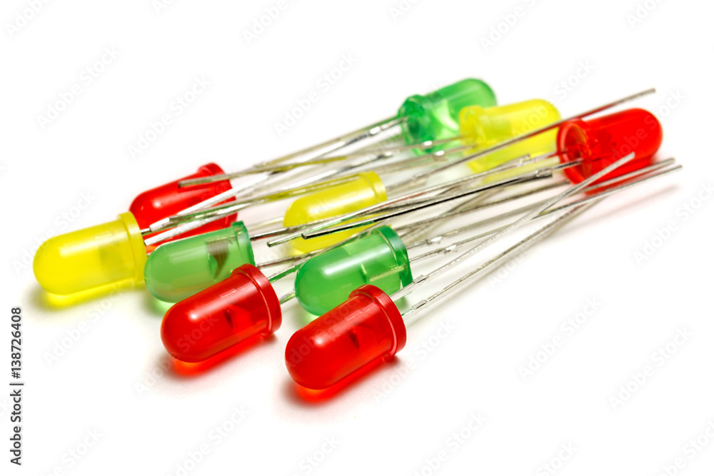 Red, green and yellow LED diodes on a white background Stock Photo ...