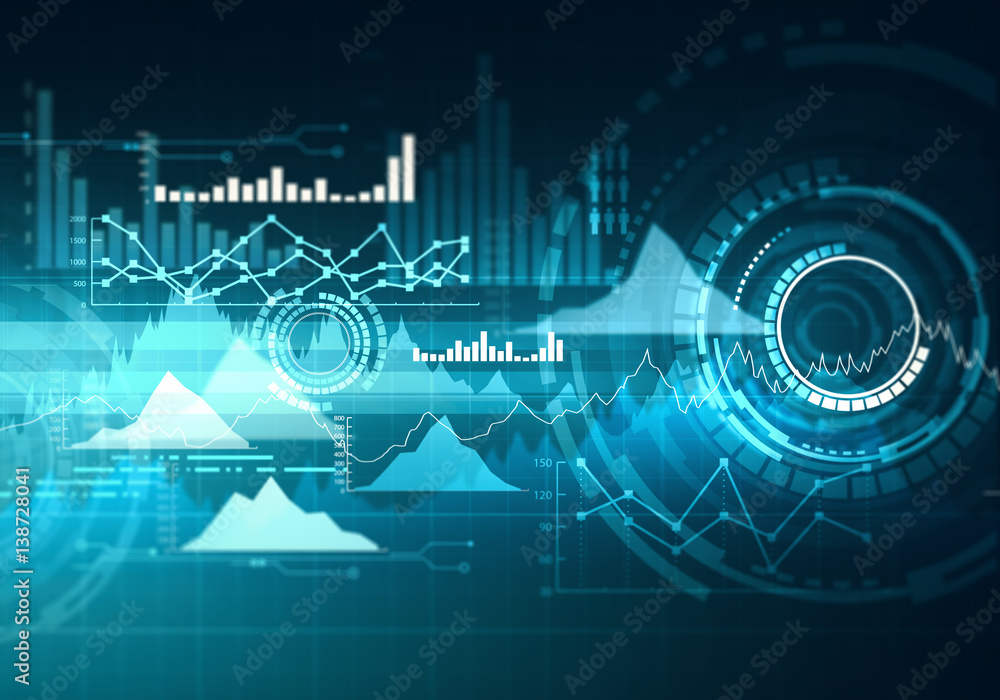 Chart with uptrend line graph, bar chart and diagram on dark blue ...