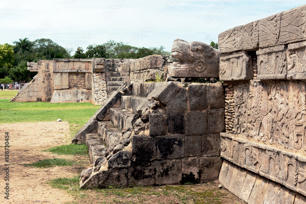 The sculpture at the base of the feathered serpent pyramid - Chichen ...