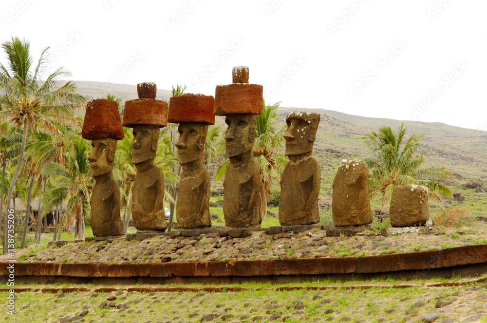 Shot of the Moai statues at Anakena Beach in Easter Island, Rapa Nui ...