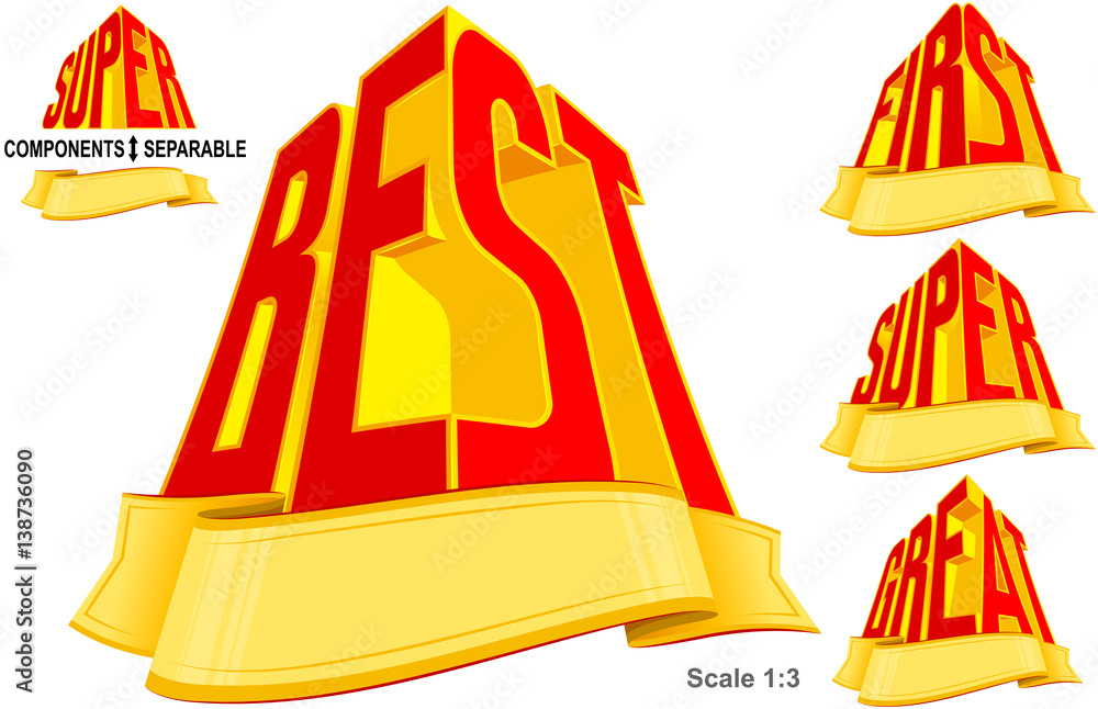 Victory awards from Best, First, Great, Super with ribbon for winners ...