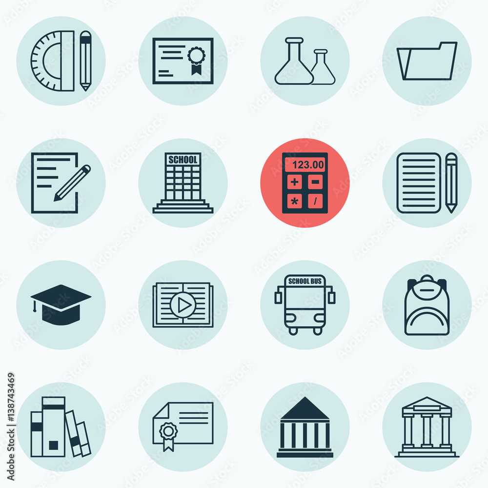 Set Of 16 School Icons. Includes Home Work, Paper, Chemical And Other ...