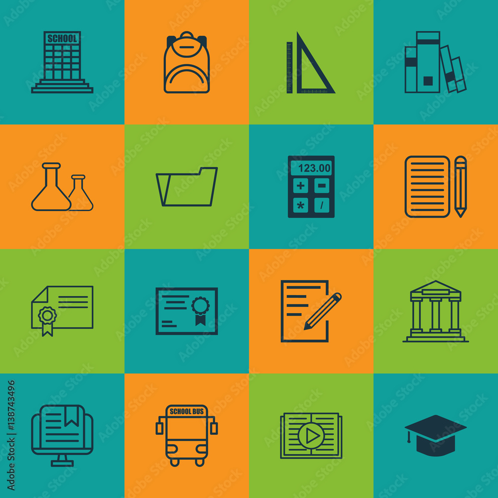Set Of 16 Education Icons. Includes Electronic Tool, Certificate ...