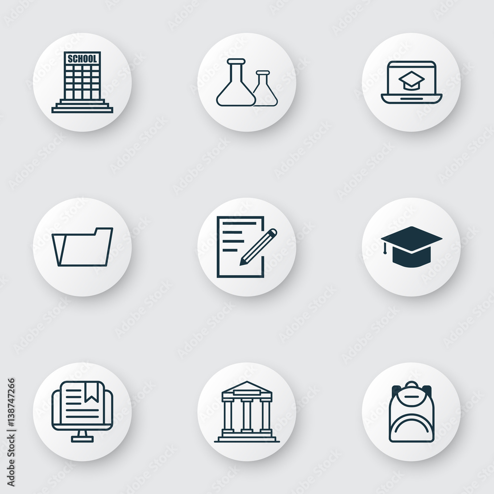 Set Of 9 Education Icons. Includes Haversack, College, Chemical And ...