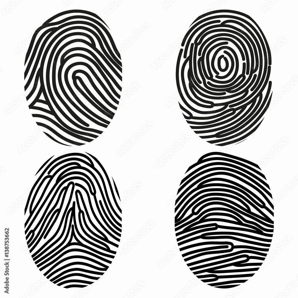 Set of different fingerprints. Stylized papillary drawings. Prints with ...