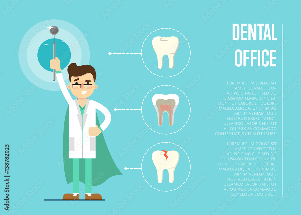 Male cartoon dentist in medical uniform and superhero green cape ...