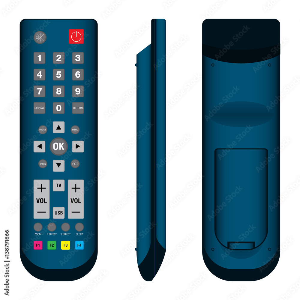 TV Remote Control in Dark blue Front, Side and Back View on white ...