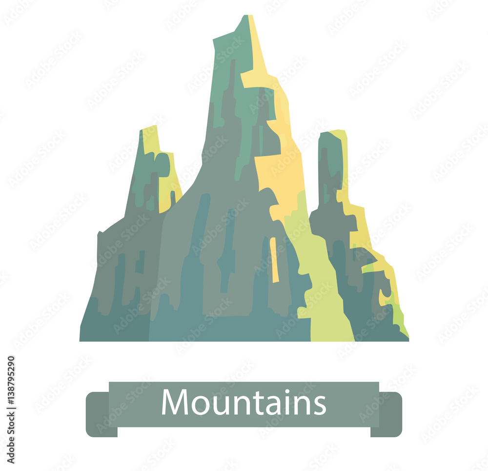 Vector cartoon image of gray mountain with three peaks on a white ...