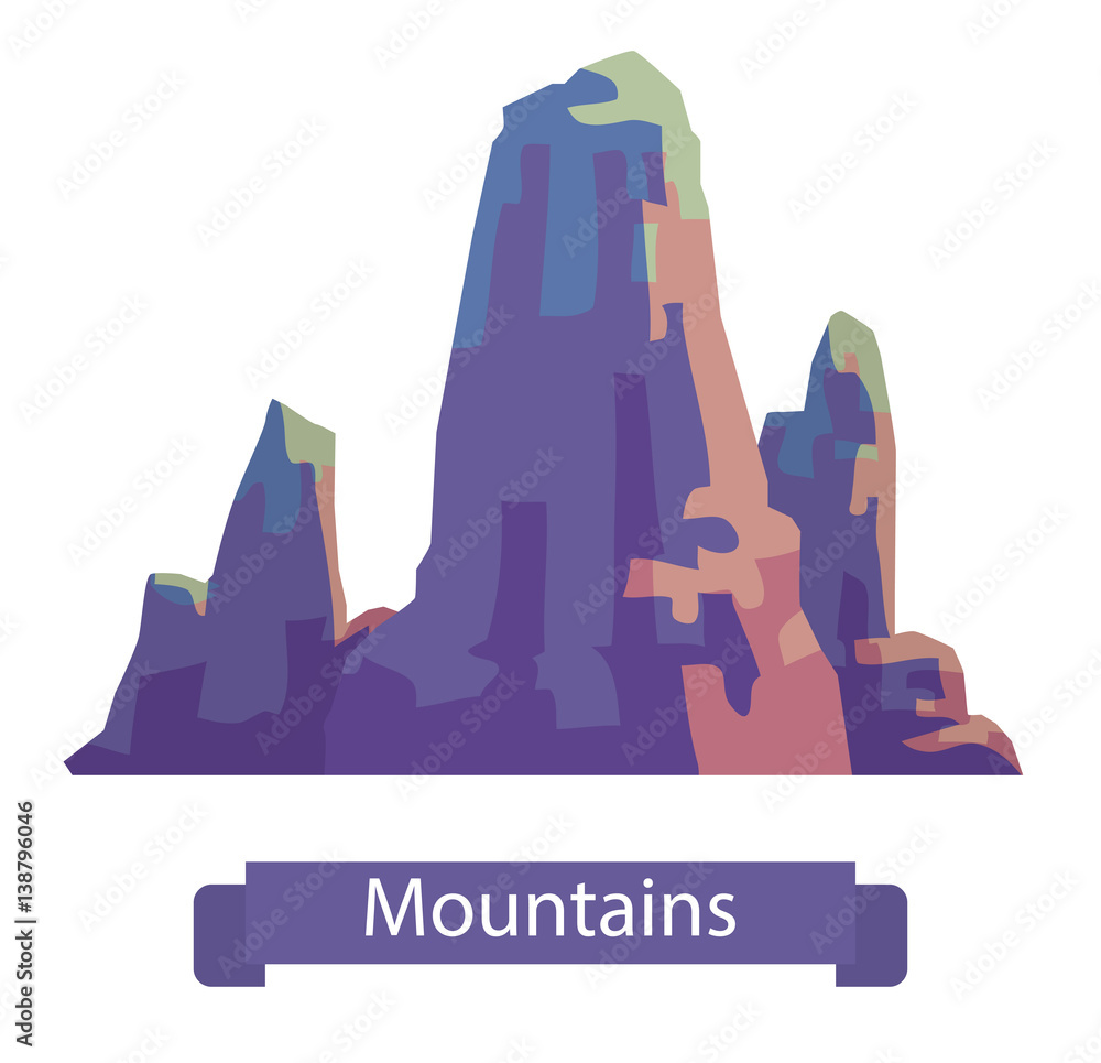 Vector cartoon image of big purple mountain with three peaks on a white ...