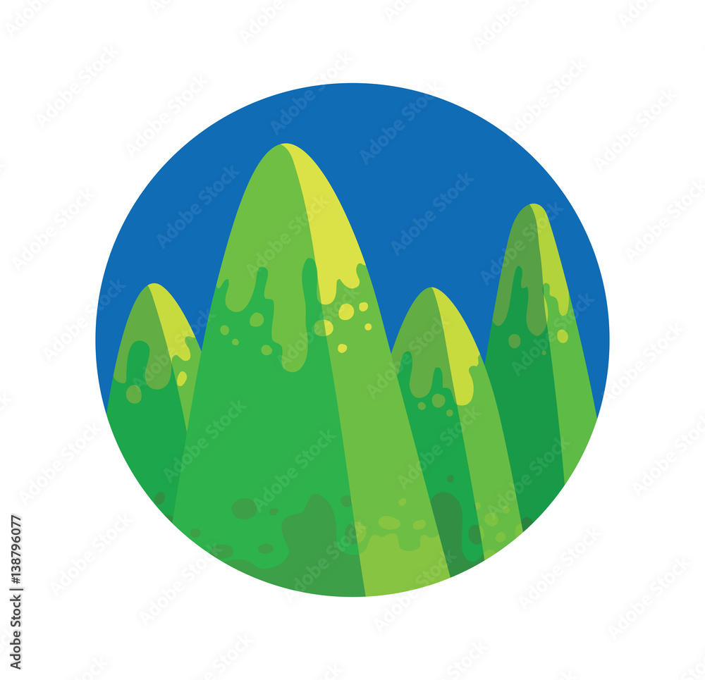 Vector blue round label with cartoon image of green mountain with four ...