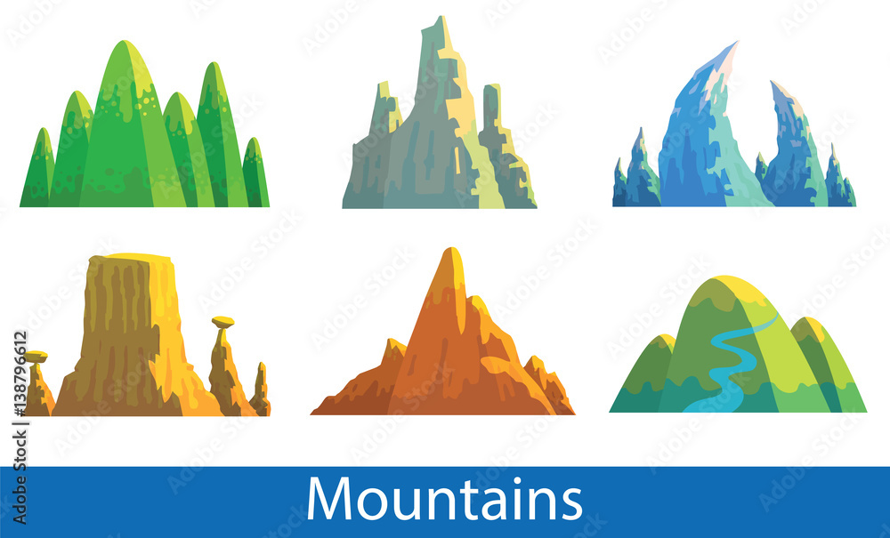 Vector set of cartoon images of various mountains of different colors ...