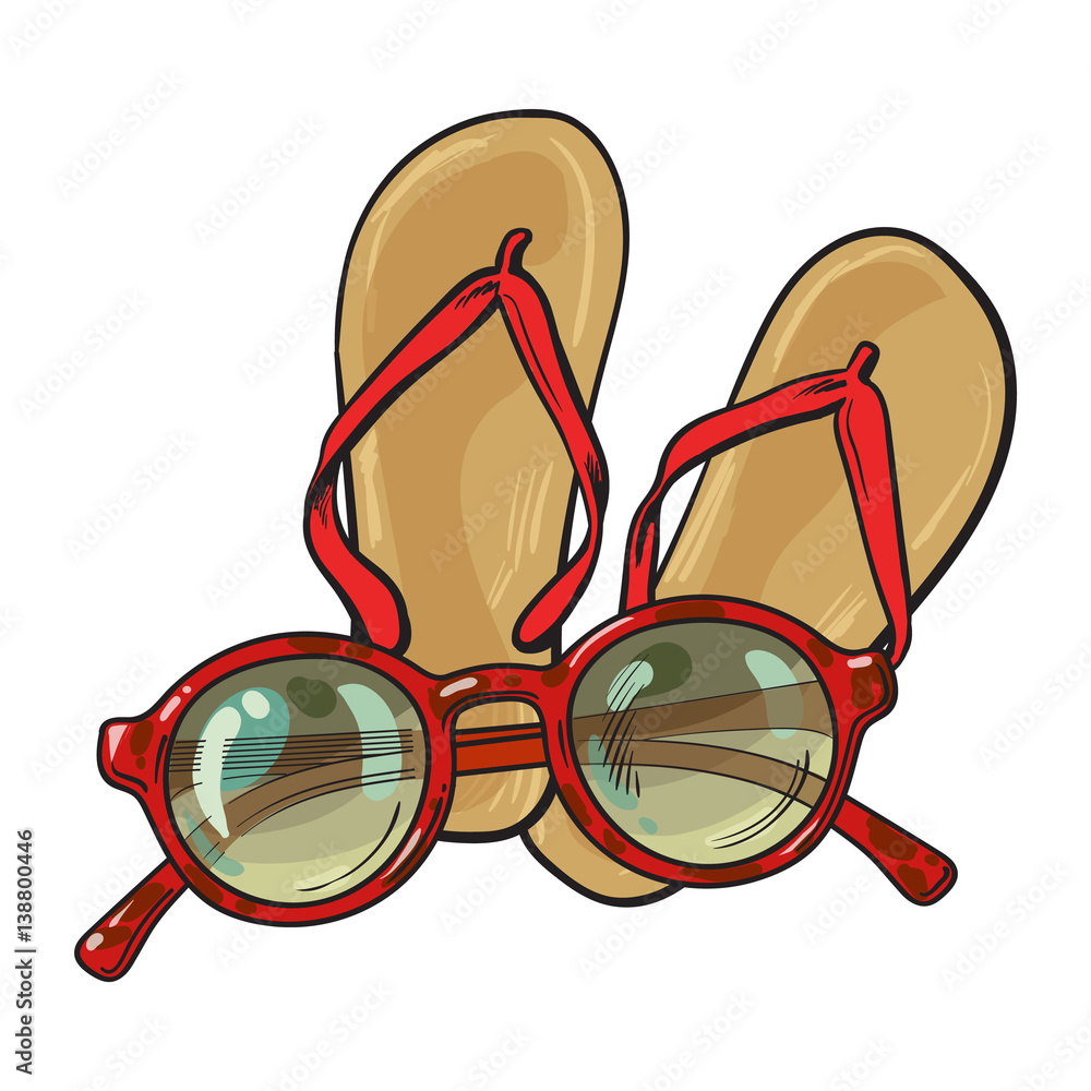 Flip flops and fashionable round sunglasses, symbols of beach vacation ...