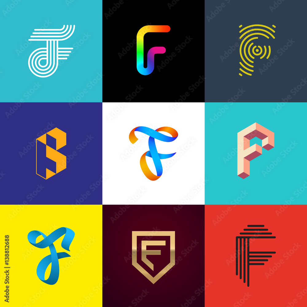 Letter "F" big logo pack. Creative vector monograms. Striped, ribbon ...