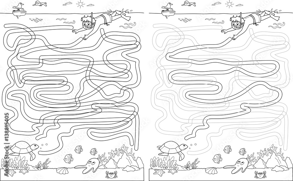 Help this child underwater to find his friend Turtle. Labyrinth maze ...