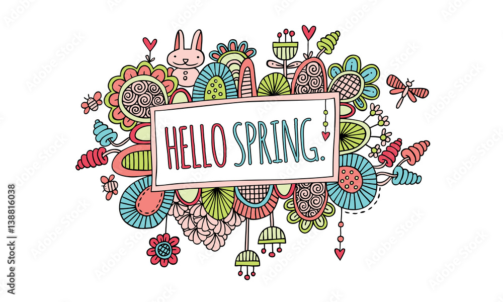Hello Spring Hand Drawn colourful doodle vector illustration of a sign ...