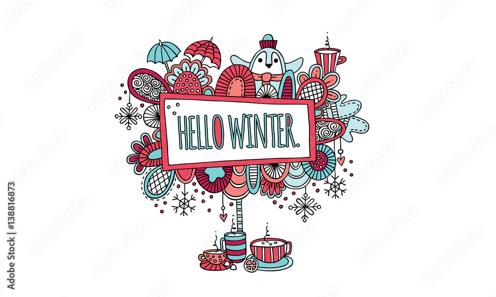 Hello Winter Hand Drawn doodle vector illustration of a sign with the ...