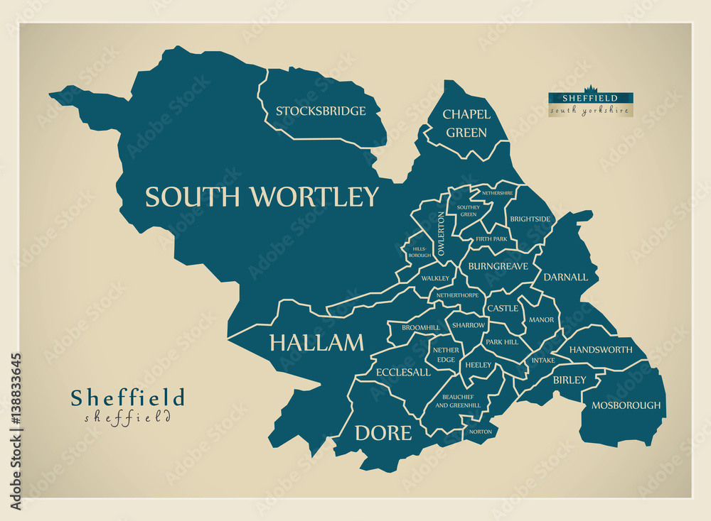 Modern City Map - Sheffield with labelled wards illustration Stock ...