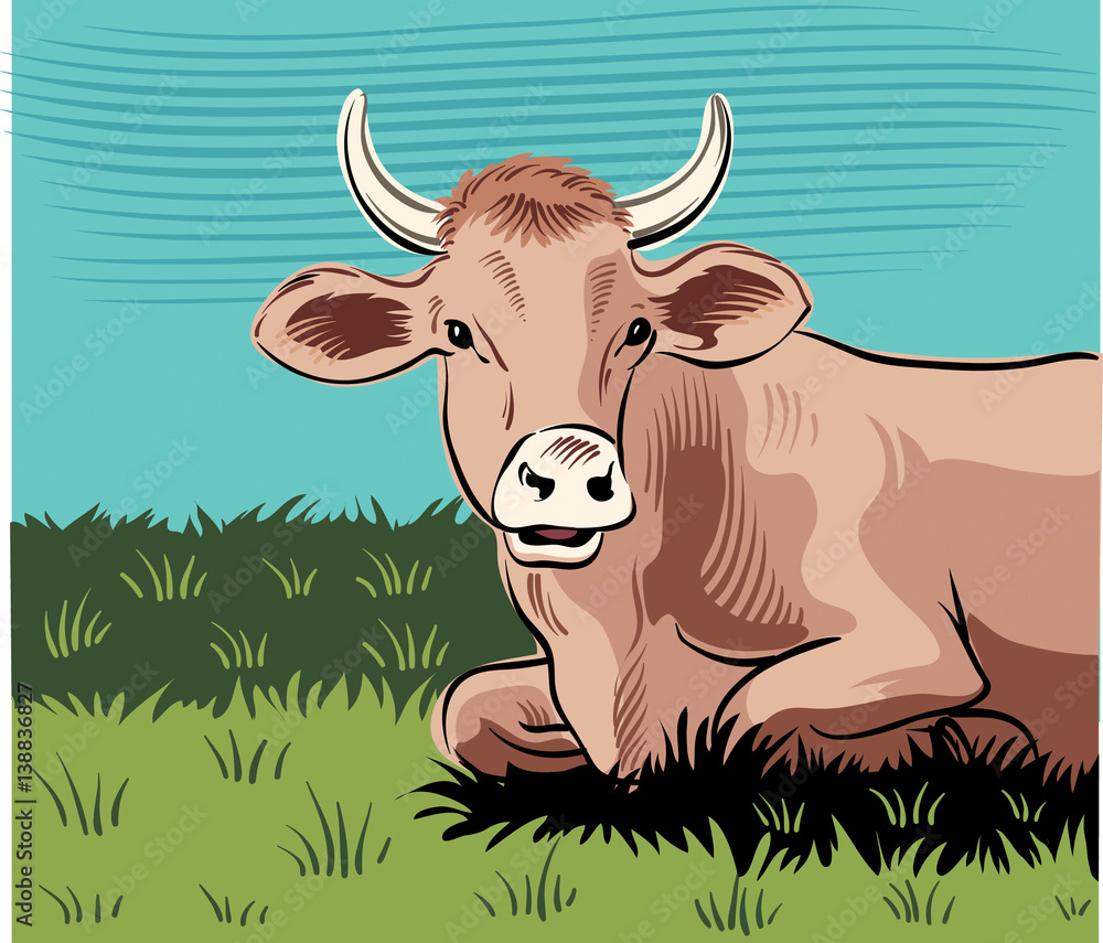 grazing cow, lying in a meadow while cud. Stock Vector | Adobe Stock
