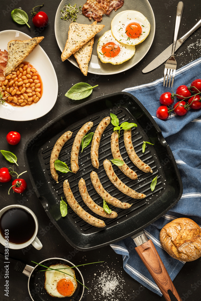 Full english breakfast on black chalkboard background Stock Photo ...
