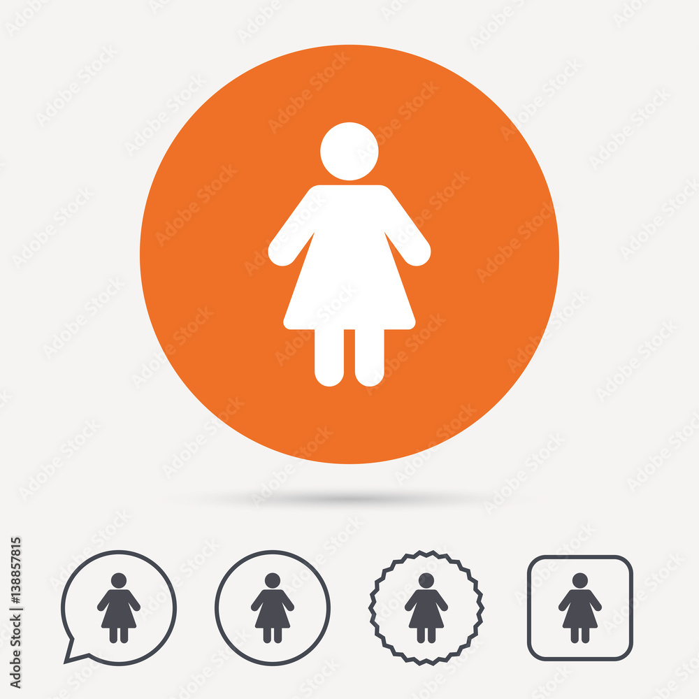 Woman icon. Female human symbol. User sign. Circle, speech bubble and ...