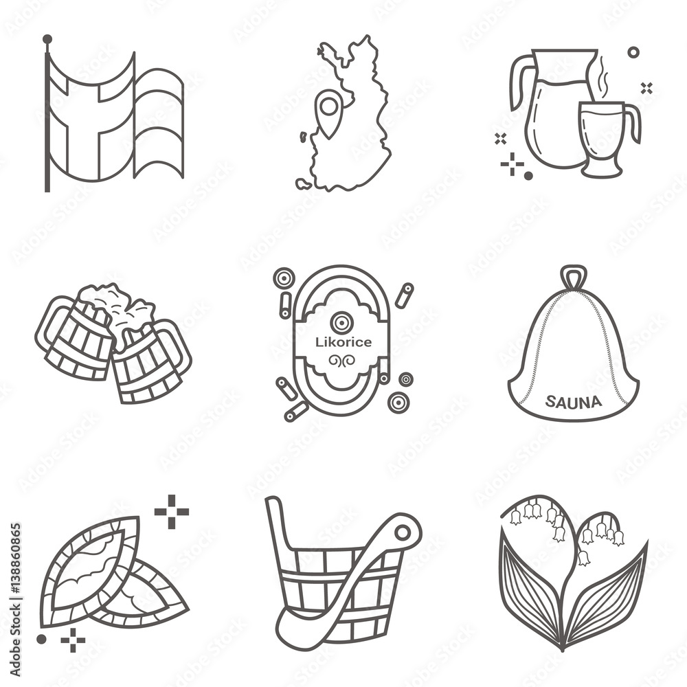 Set of lineart vector icons of Finland main symbols and signs including ...