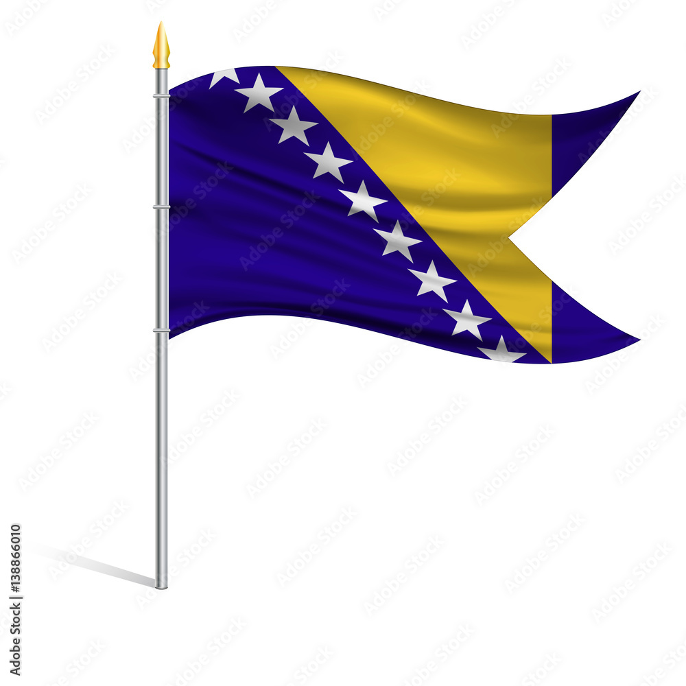 The national flag of Bosnia and Herzegovina on a pole. The wavy fabric ...