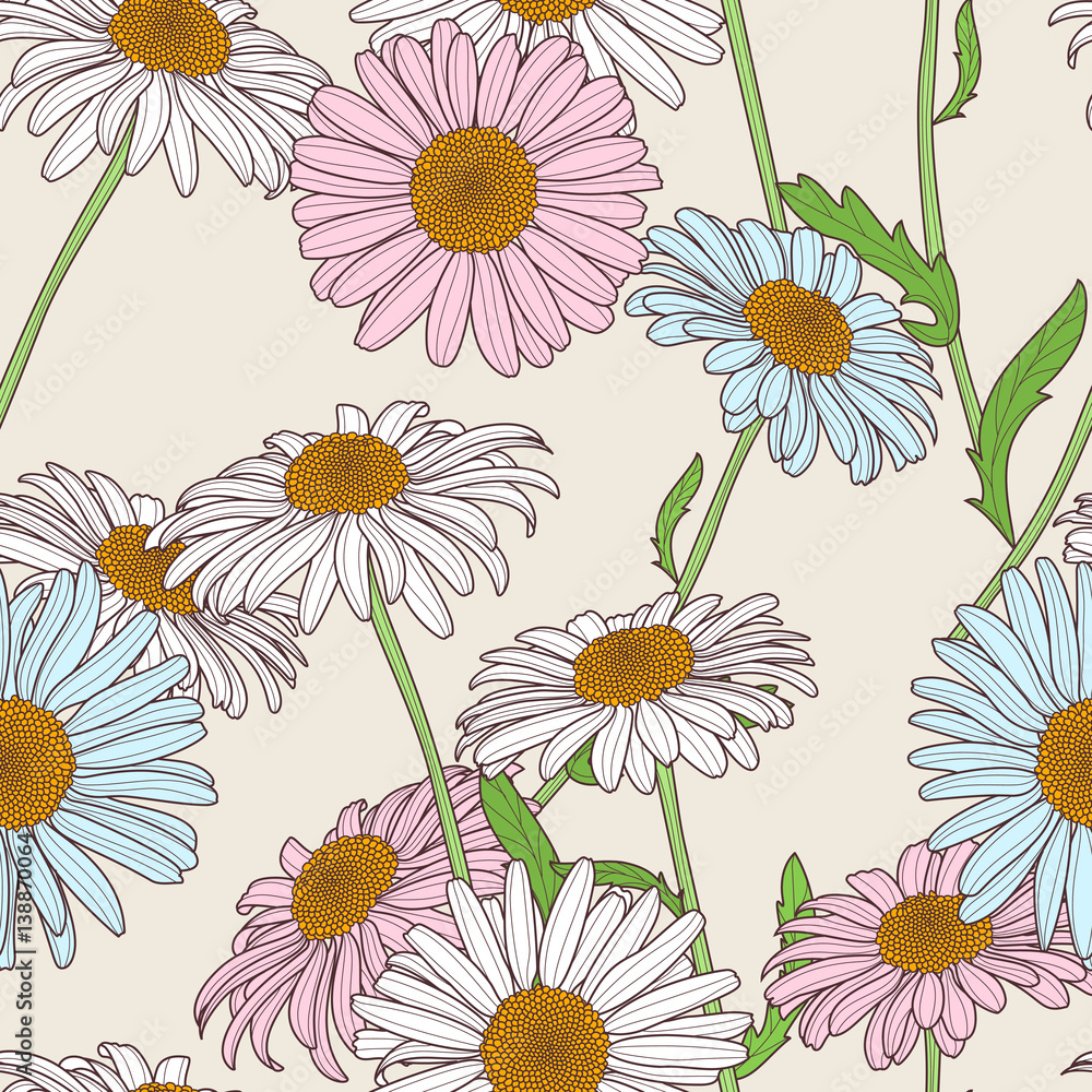 Vector floral seamless pattern. Pastel colors background with hand drawn chamomile flowers ...