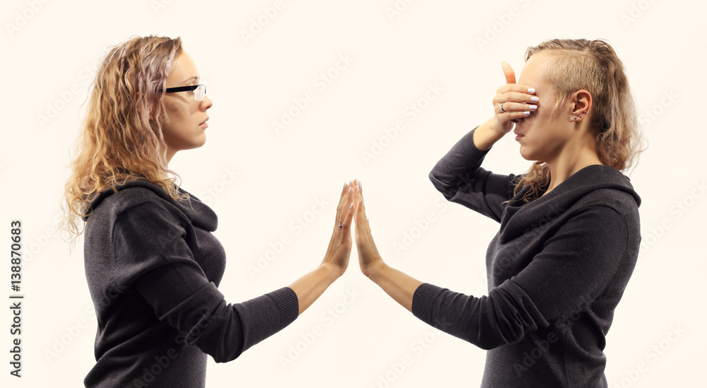 Self talk concept. Young woman talking to herself, showing gestures ...