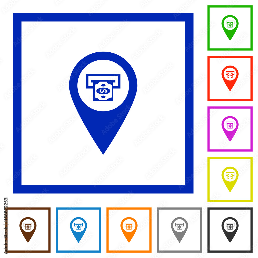 Bank ATM GPS map location flat framed icons Stock Vector | Adobe Stock
