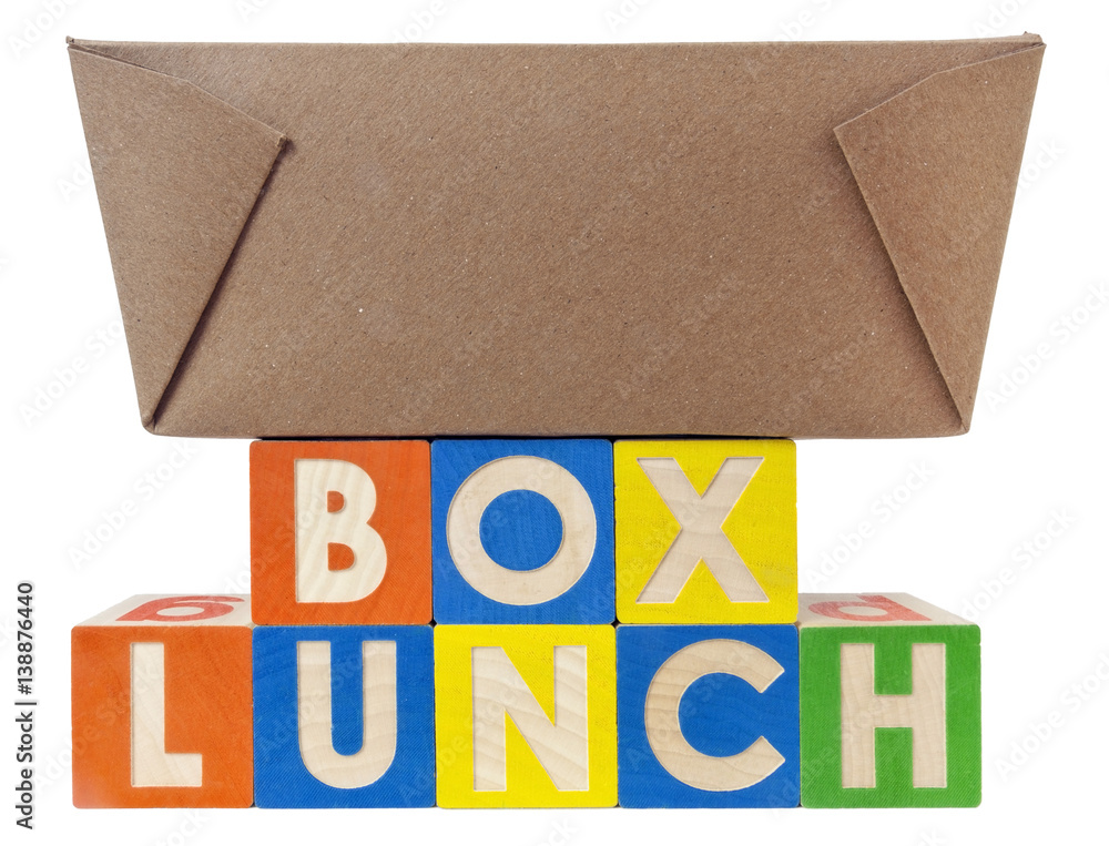 Closed take out box lunch with colorful toy block BOX LUNCH text below ...