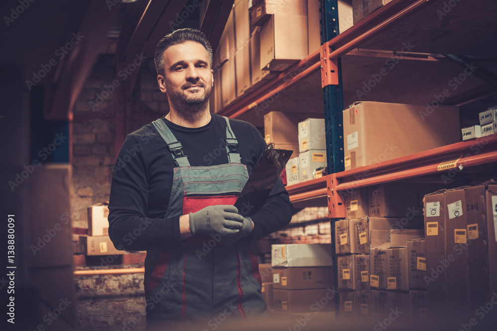 Storekeeper with manual pick list on a warehouse Stock-Foto | Adobe Stock
