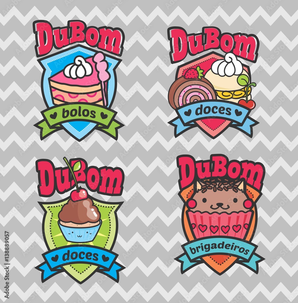 Vetor de Logo, set logos, Etiquetas, tags. adesivos doces, docinhos ...
