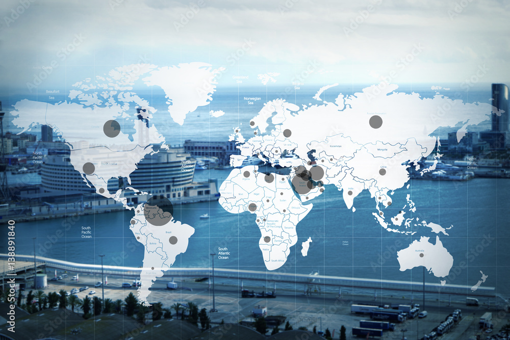 World map with oil extraction areas on sea port background Stock Photo ...