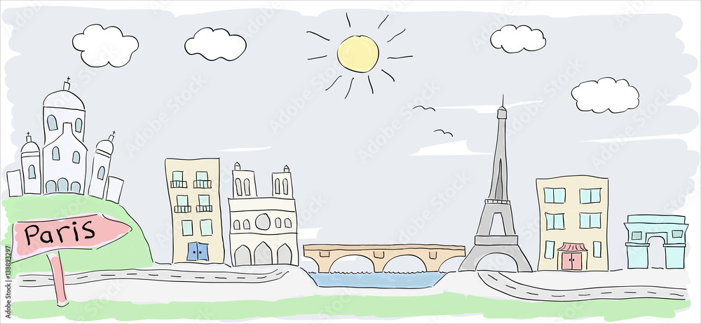 Child style colored sketch drawing of Paris city in France with Eiffel ...