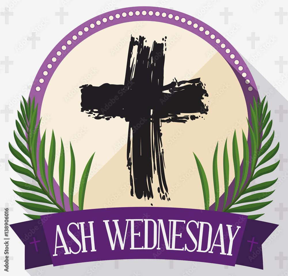 Round Button for Ash Wednesday with Cross, Palms and Ribbon, Vector ...
