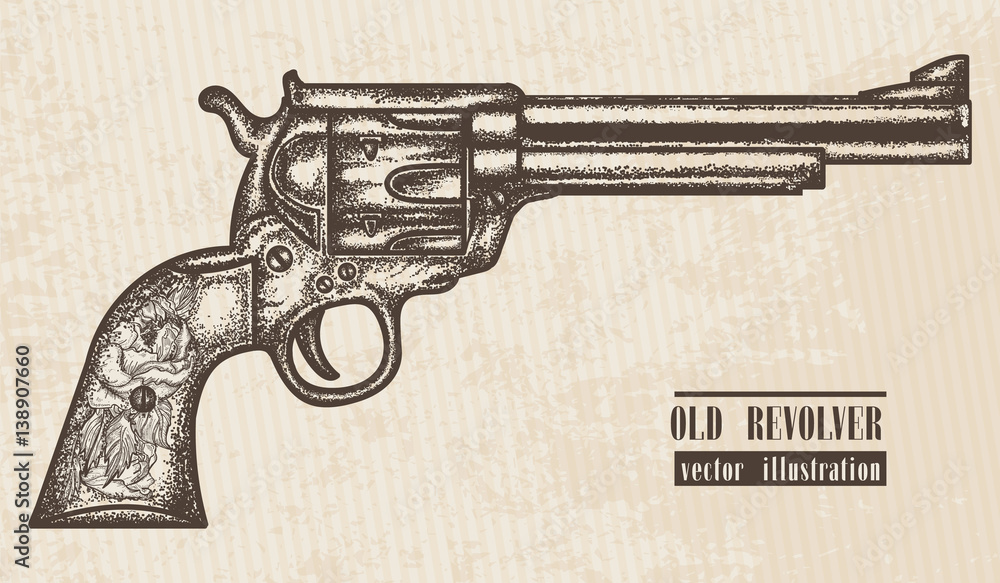 Gun revolver vintage graphic hand drawn vector. Old revolver engraved ...